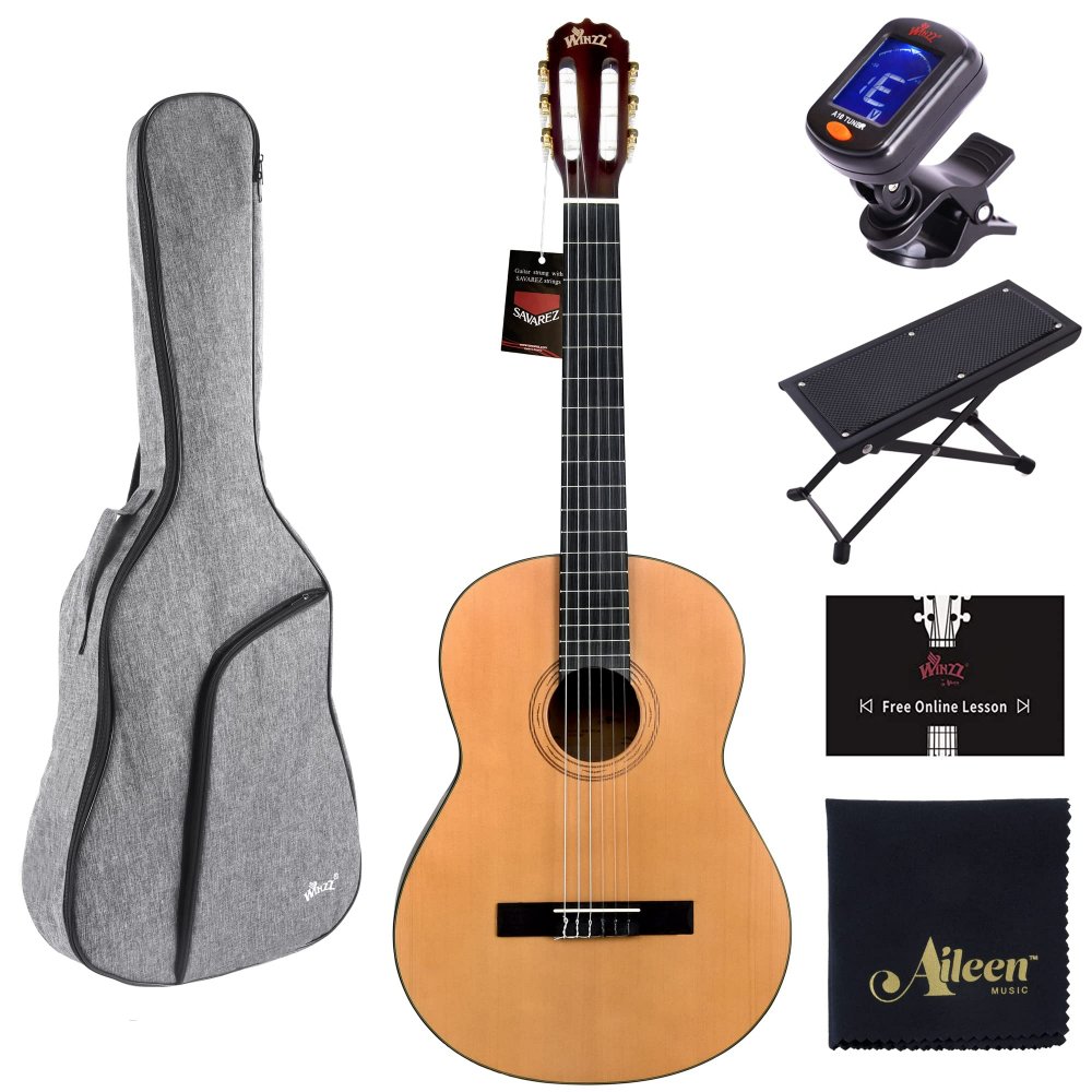 WINZZ ACM-H10 39-Inch Solid Spruce Full Size Classical Guitar for begi ...