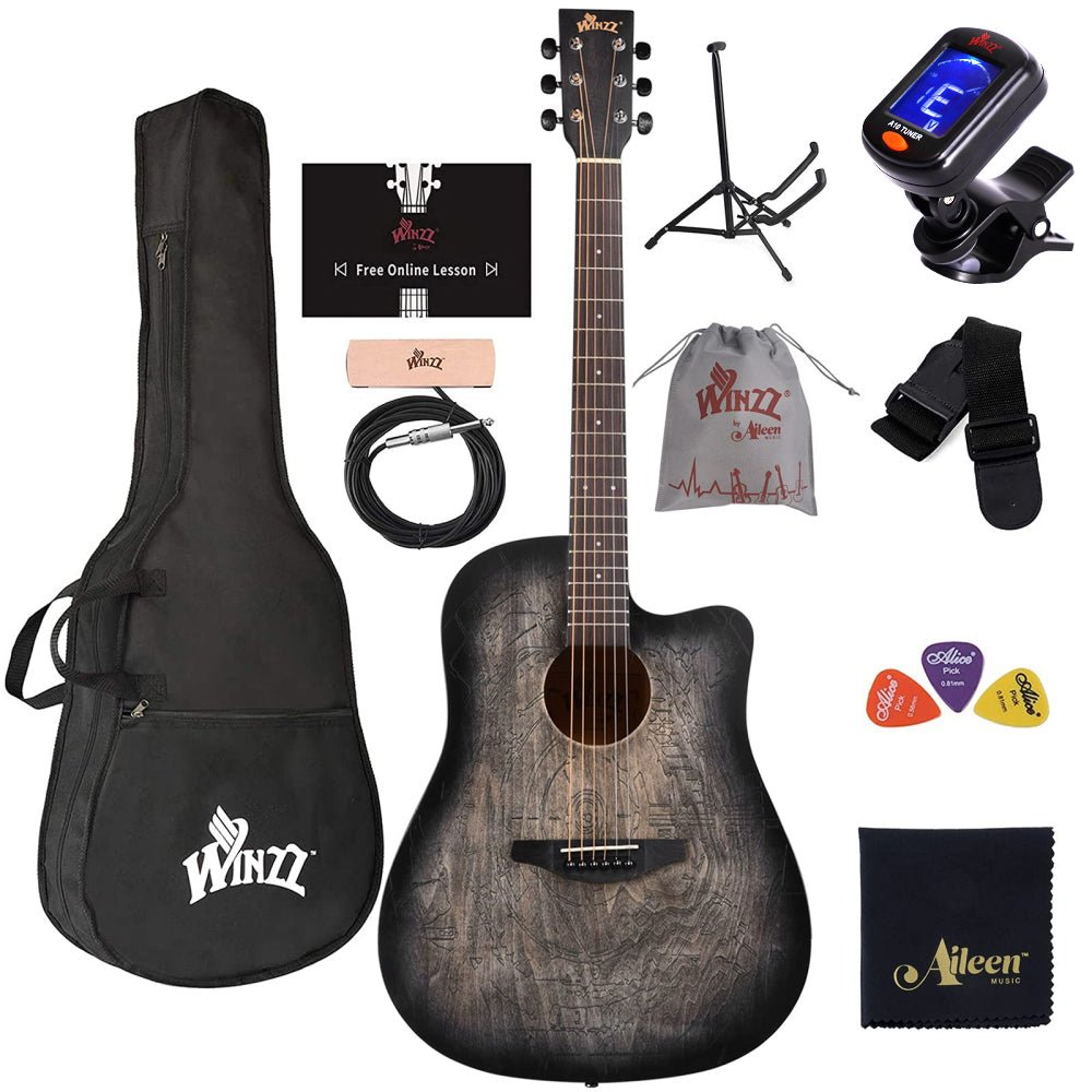 WINZZ AF-HE00LC 41-Inch Cutaway Carved Design Acoustic Electric Guitar ...